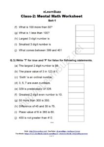 Mental Math Worksheet for Class-2 (Set-1) - eLearnBuzz