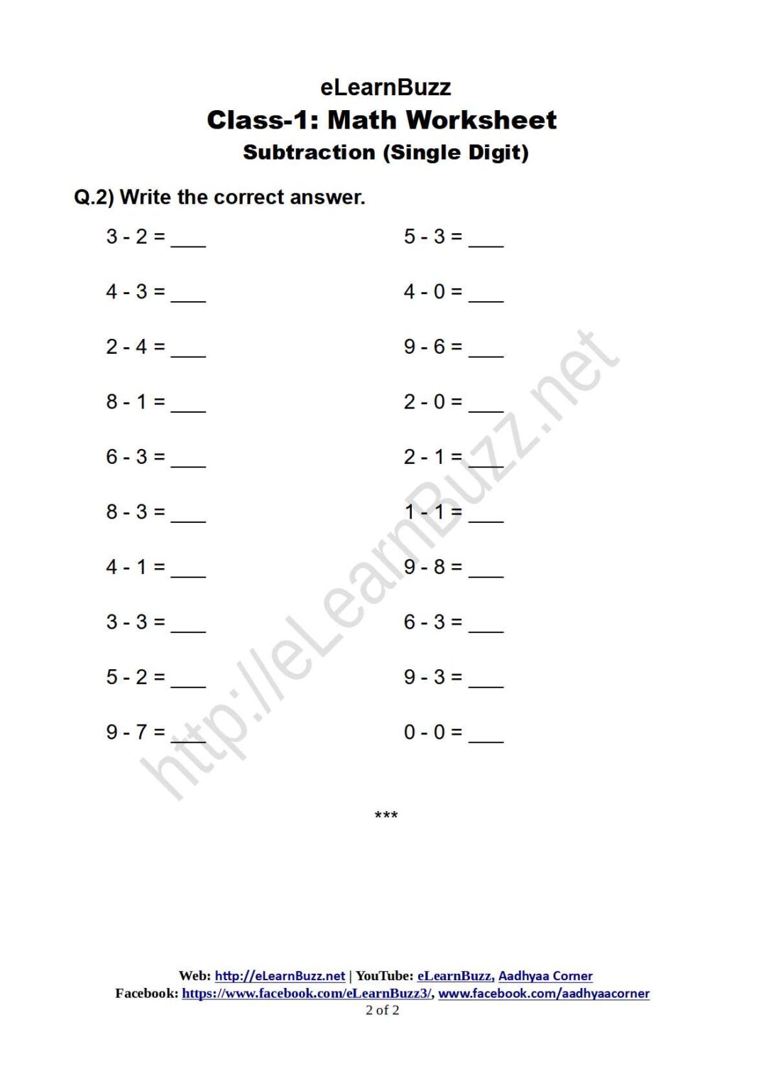Single Digit Subtraction Worksheet for Class-1 - eLearnBuzz