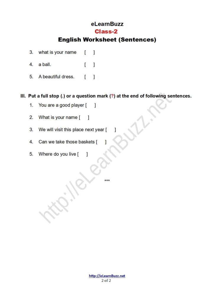 English Worksheet On Sentences For Class 2 Set 1 ELearnBuzz