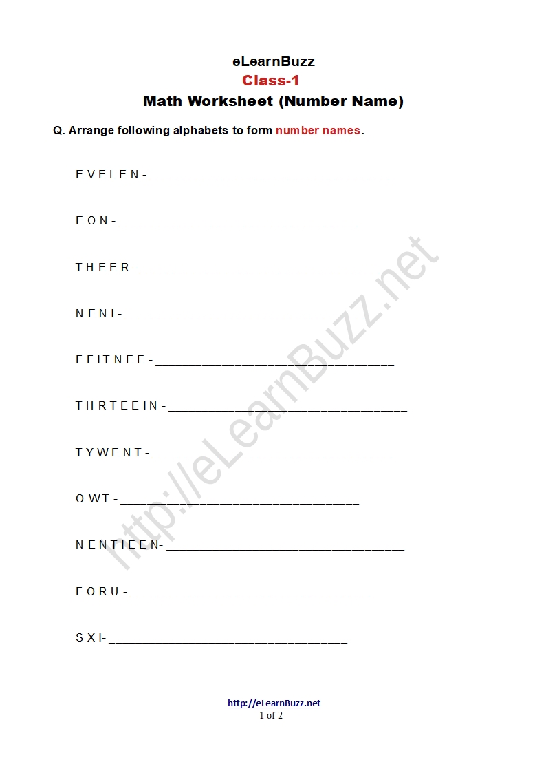 Worksheet on Number Name for Class 1 (Set 3) - eLearnBuzz