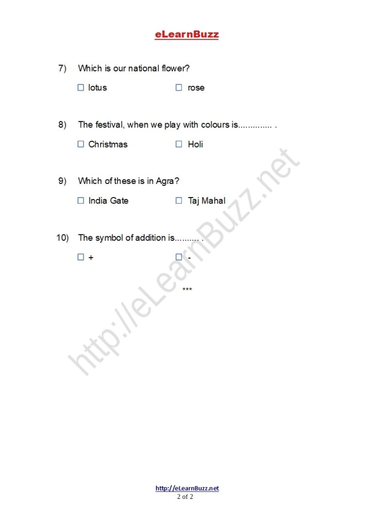 General Knowledge Worksheet for Class 1 (Set 1) - eLearnBuzz