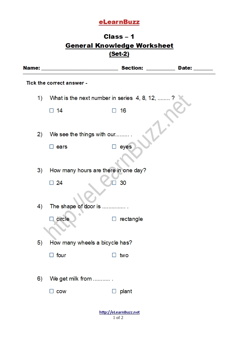 General Knowledge Worksheet For Class 1 Set 2 ELearnBuzz General Knowledge Worksheet For Class 1 Set 2 ELearnBuzz