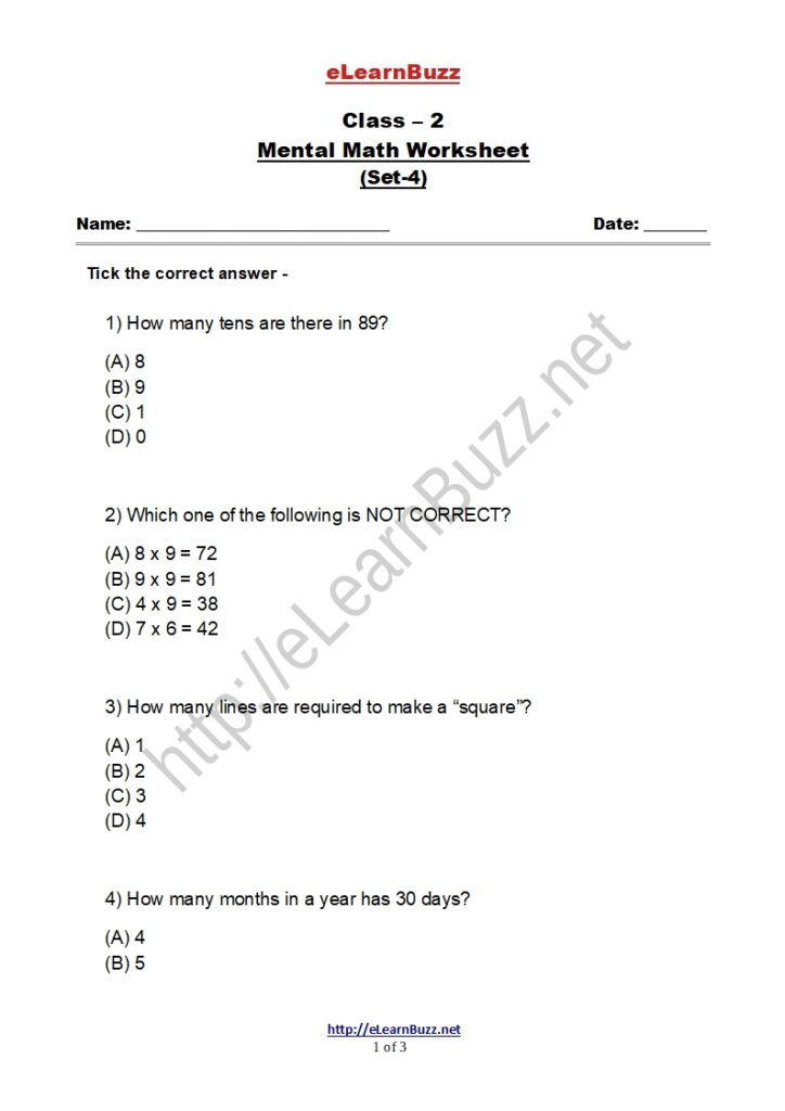 Mental Math Worksheet For Class 2 Set 4 ELearnBuzz
