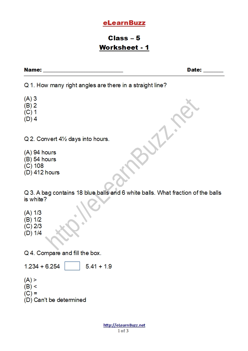 Math Worksheet for Class 5 Kids (Set-1) - eLearnBuzz