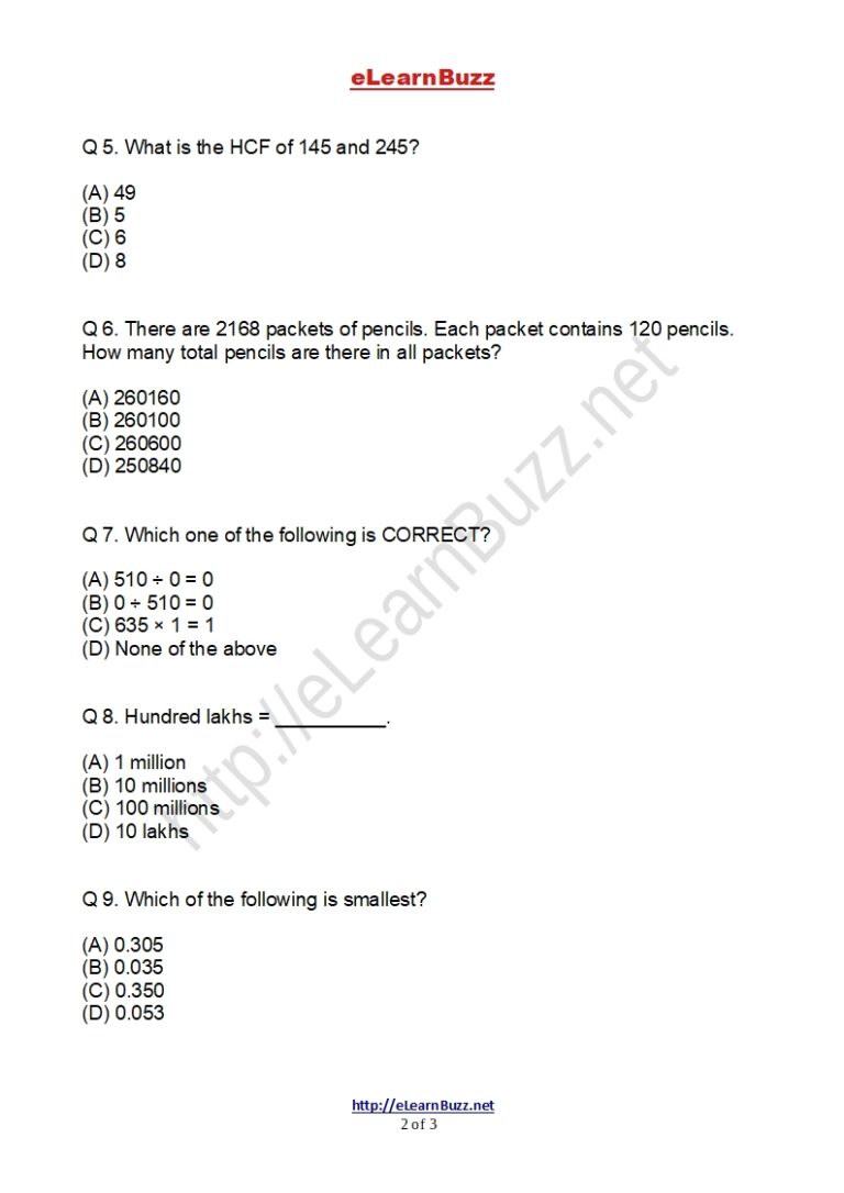Math Worksheet for Class 5 Kids (Set-1) - eLearnBuzz
